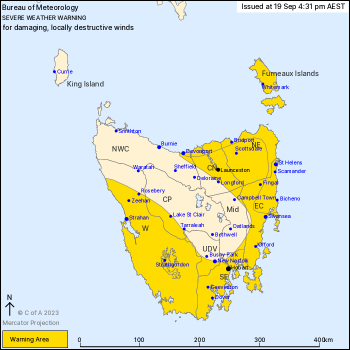 TAS Severe Weather Warning: Damaging Winds - ewn.com.au Alert
