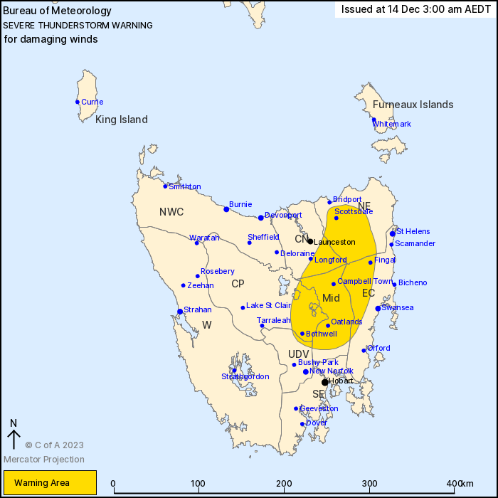 TAS Severe Thunderstorm Warning: Damaging Winds - ewn.com.au Alert