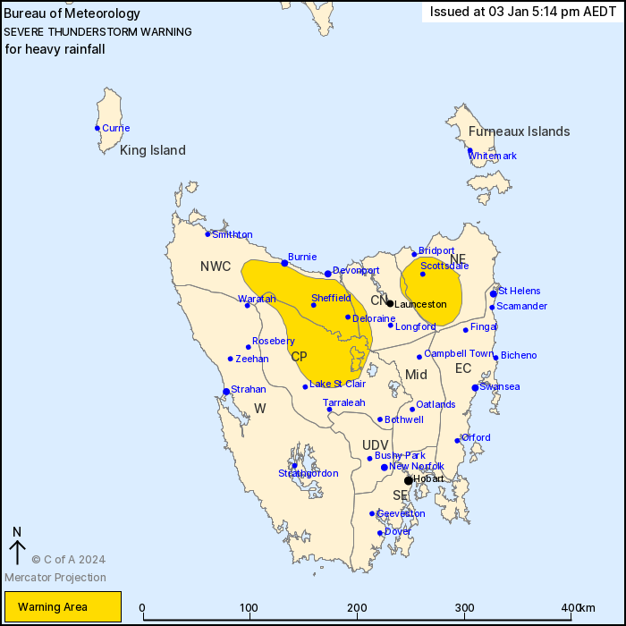 TAS Severe Thunderstorm Warning: Heavy Rain - ewn.com.au Alert