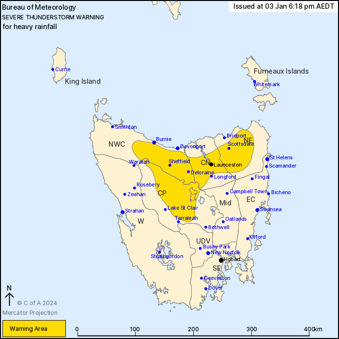 TAS Severe Thunderstorm Warning: Heavy Rain - ewn.com.au Alert