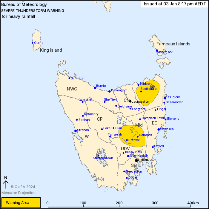 TAS Severe Thunderstorm Warning: Heavy Rain - ewn.com.au Alert